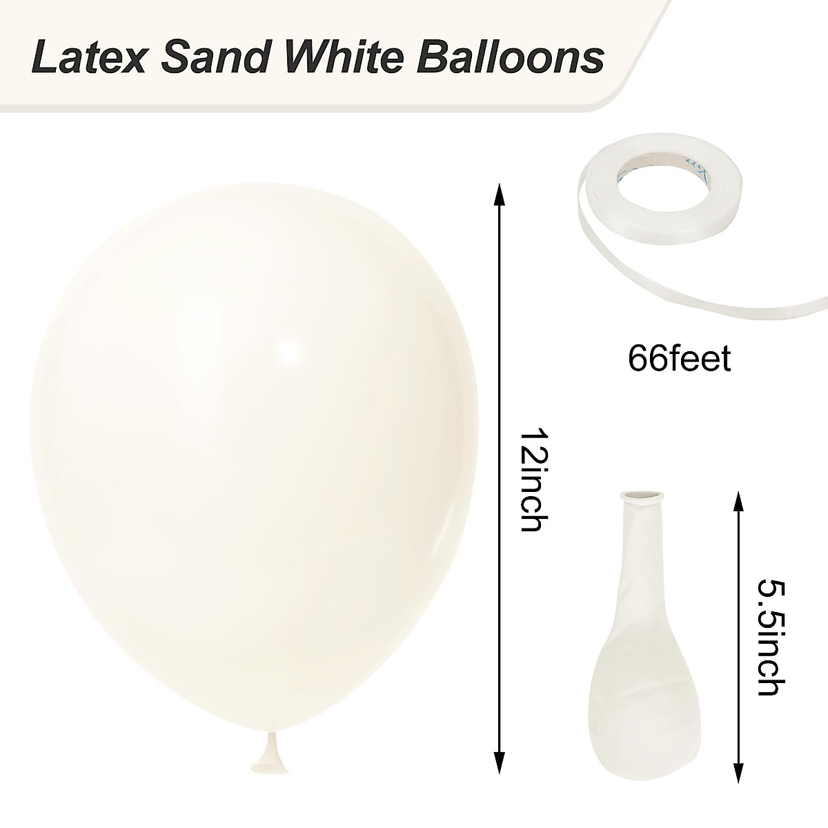 RUBFAC Sand White Balloons Latex Party Balloons 100pcs 12 Inch Helium Balloons for Wedding Bridal Baby Shower Graduation Anniversary Birthday Bachelorette Party Decoration, White Ribbon