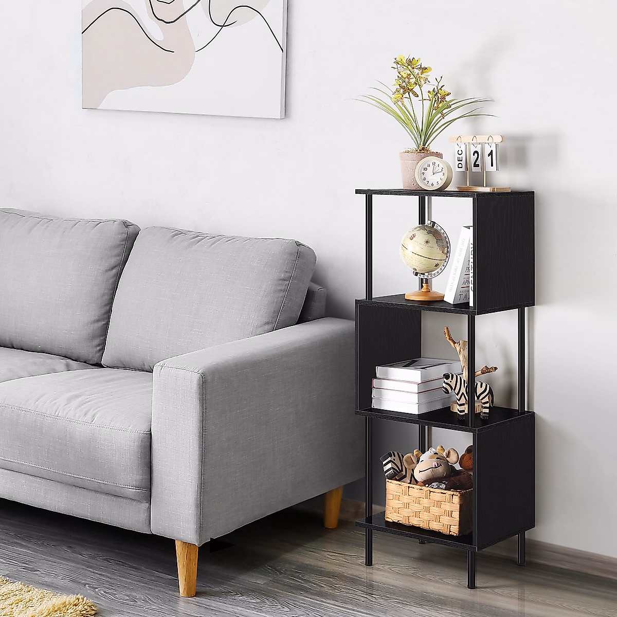 ETELI Small Bookshelf Unique S Shaped 4 Shelf Bookcase Free Standing Industrial Book Storage Shelves for Living Room, Bedroom, and Home Office, Rustic Book Organizer & Metal Frame