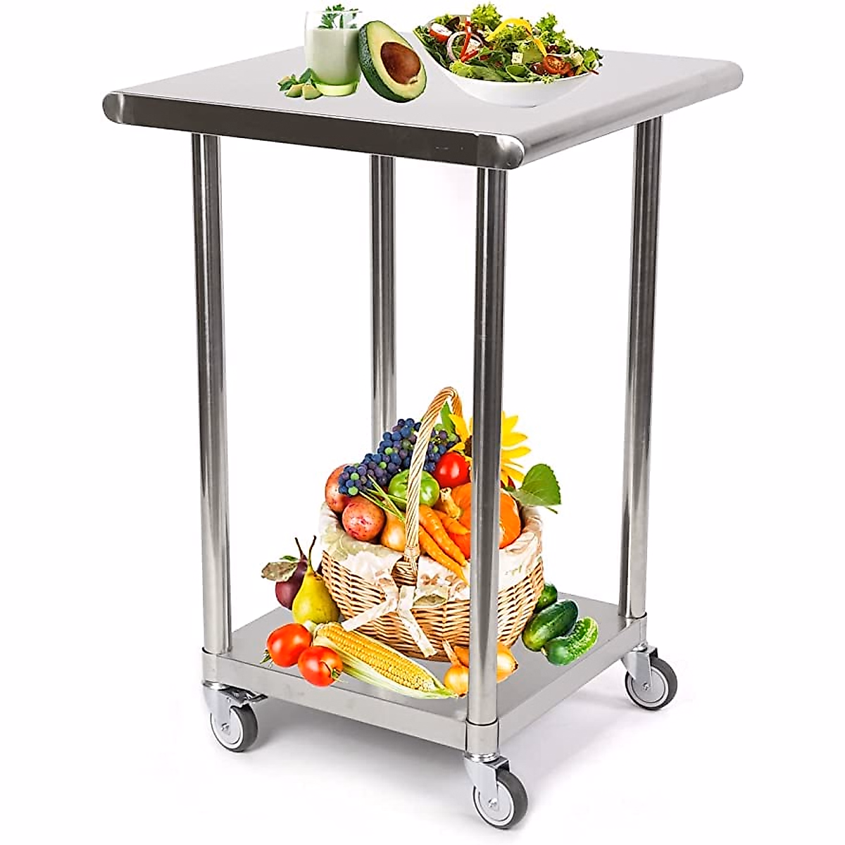 MYOYAY Commercial Stainless Steel Table with Caster Wheels 24"x24" Kitchen Worktables with Backsplashs Prep Food Workbench Under Shelf 110~220lbs Capacity for Restaurant