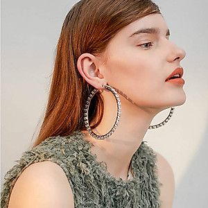 Xerling Large Rhinestones Circle Hoop Earrings Big Crystal Hoop Earrings Full Clear Rhinestones Bridal Earrings (Silver)