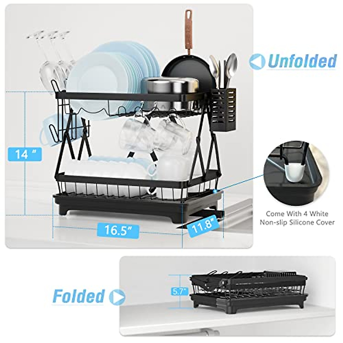 VOGWOLTH Dish Drying Rack, 2 Tier Collapsible Dish Drying Rack with Drainboard for Kitchen Counter Plate Holder Dishes Drainer Dryer Dishrack Dry Stand Folding Countertop Organizer Accessories