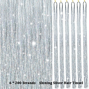 MISSUHUI Hair Tinsel Kit With Tools 48 Inch 1200 Strands Glitter Tinsel Hair Extensions Sparkling Shiny Hair Tinsel Strands Kit Heat Resistant for Women Girls 6Pcs (Silver)