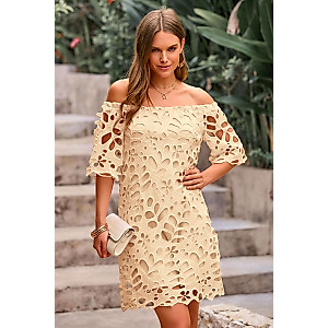 PRETTYGARDEN Women's Summer Off Shoulder Vintage Floral Lace Flare Short Sleeve Loose Elegant Mini Dress (Apricot,Medium)