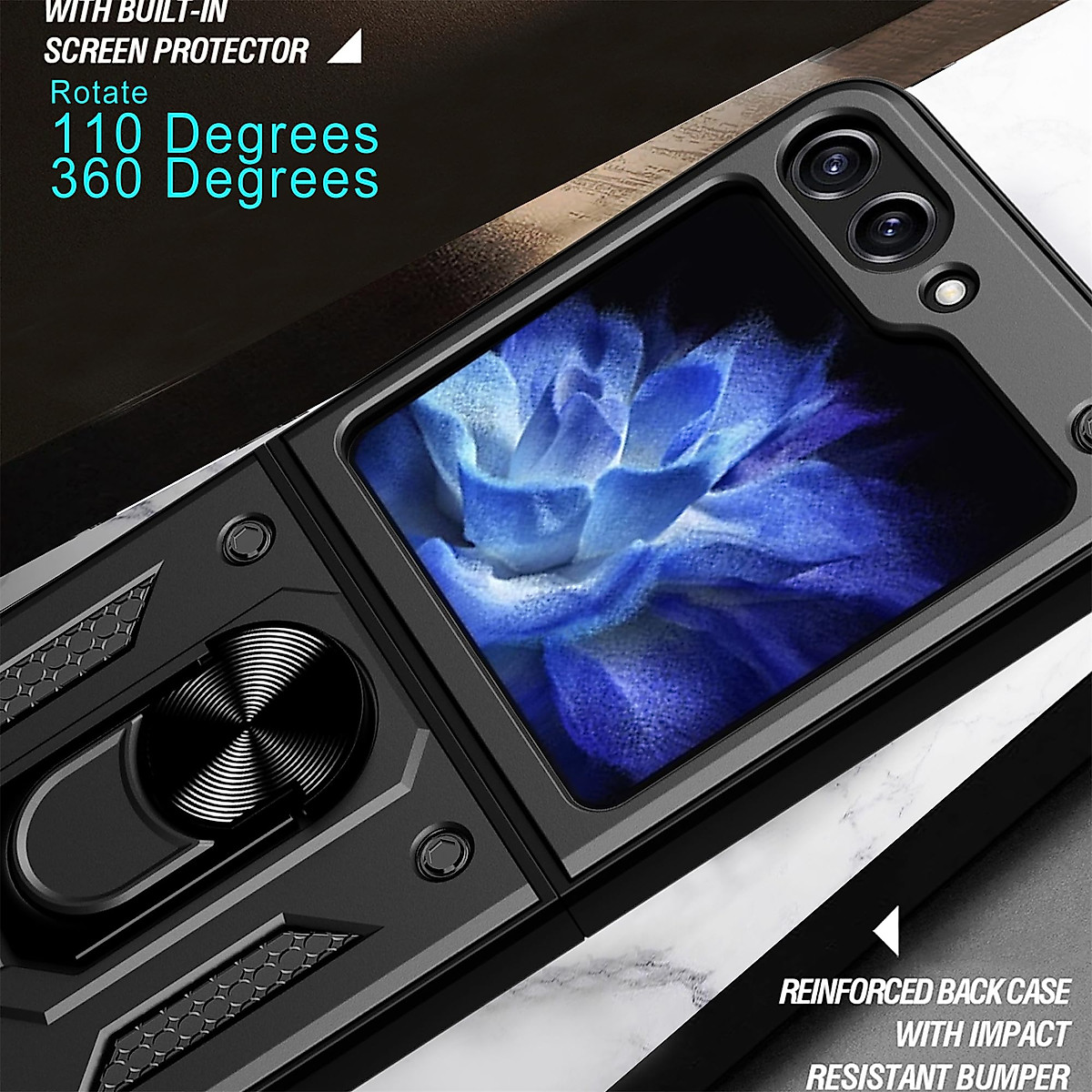 Ephoou Phone Case for Samsung Galaxy Z Flip 5 5G for Men, Heavy Duty Protective with 360° Finger Ring Stable Kickstand Case for Samsung Galaxy Z Flip5 5G SJ-Black