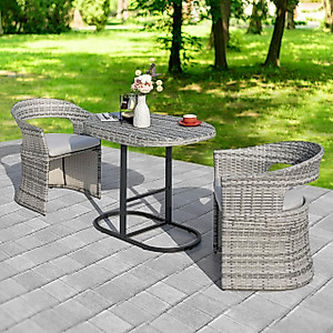 NUU GARDEN 3 Piece Outdoor Patio Bistro Set, Patio Furniture Set for 1 Iron Patio Table and 2 Dining Chairs, Balcony Furniture Patio Table and Chairs Set of 2 with Cushions, for Garden Yard, Gray