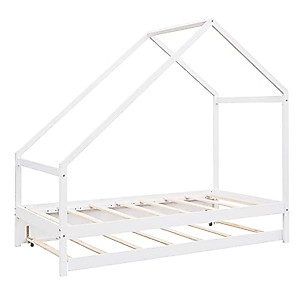 YuiHome Twin Size House Bed for Kids, Twin Size Bed Frame with Trundle Bed, Wooden Kids House Twin Bed Frame for Girls, Boys,No Box Spring Needed,White