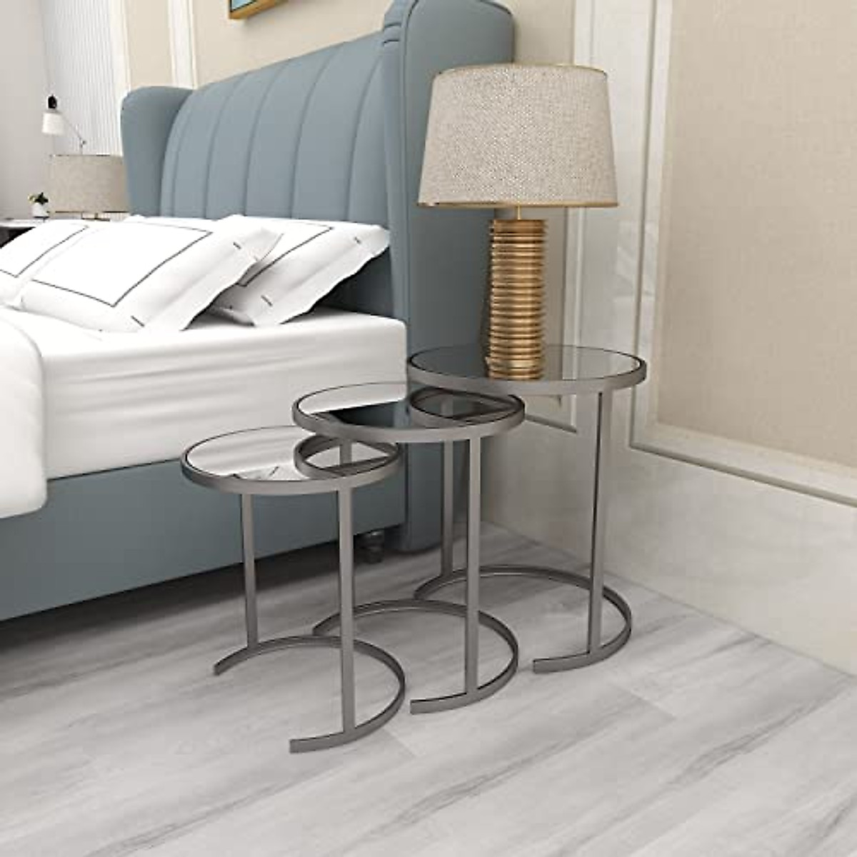 Deco 79 Metal Nesting Accent Table with Mirrored Glass Top, Set of 3 21", 19", 17"H, Silver