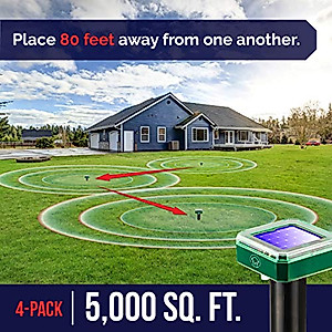 Livin' Well Solar Sonic Pest Repeller Stakes - 4pk Outdoor Pest Repellent with 5,000 Feet Range, Solar Powered Animal Control, Rodent Repellent and Deterrent for Mole, Vole, Gopher