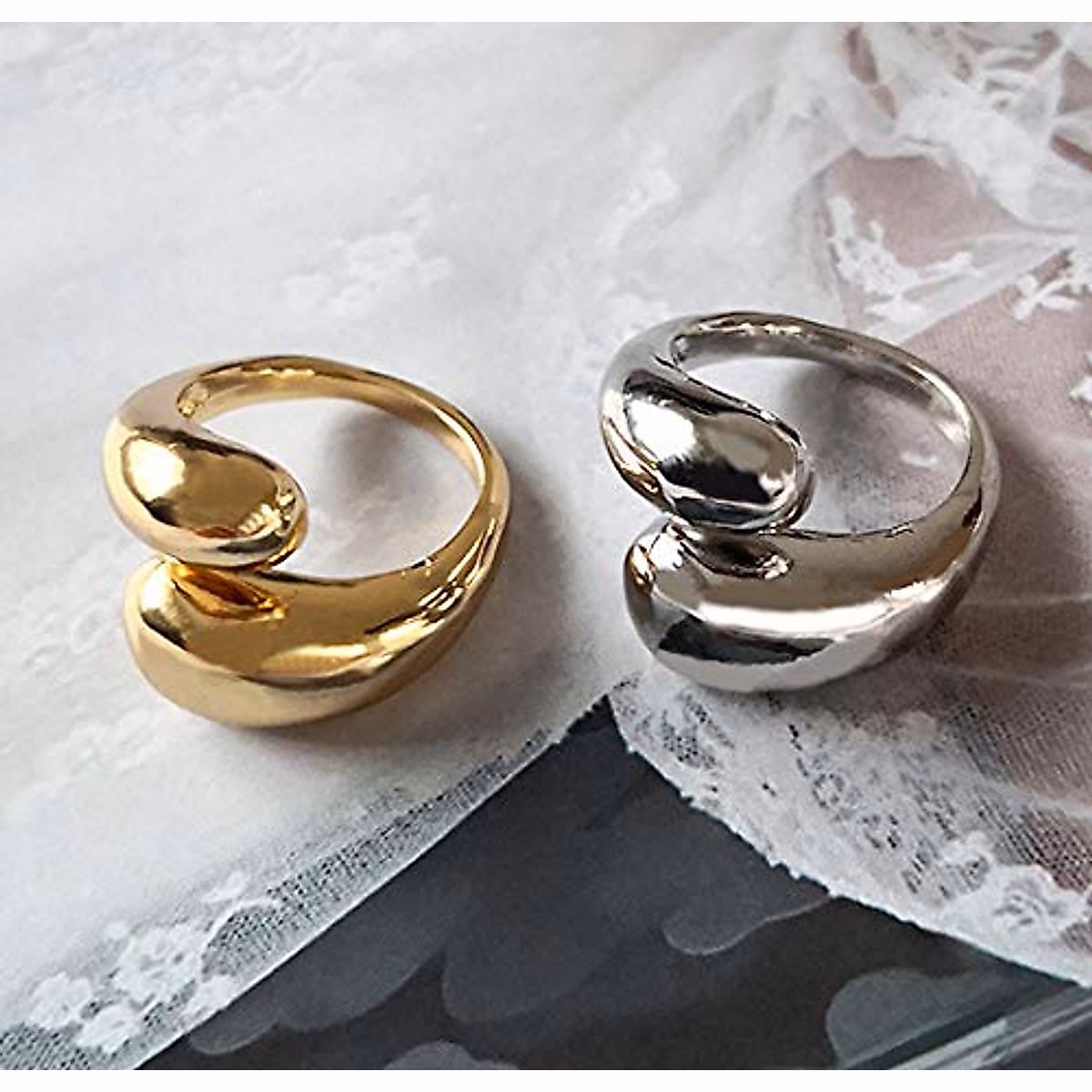 KURTCB Chunky Open Ring 14k Gold Plated Minimalist Adjustable Dome Teardrop Wide Bold Statement Ring for Women (Gold)