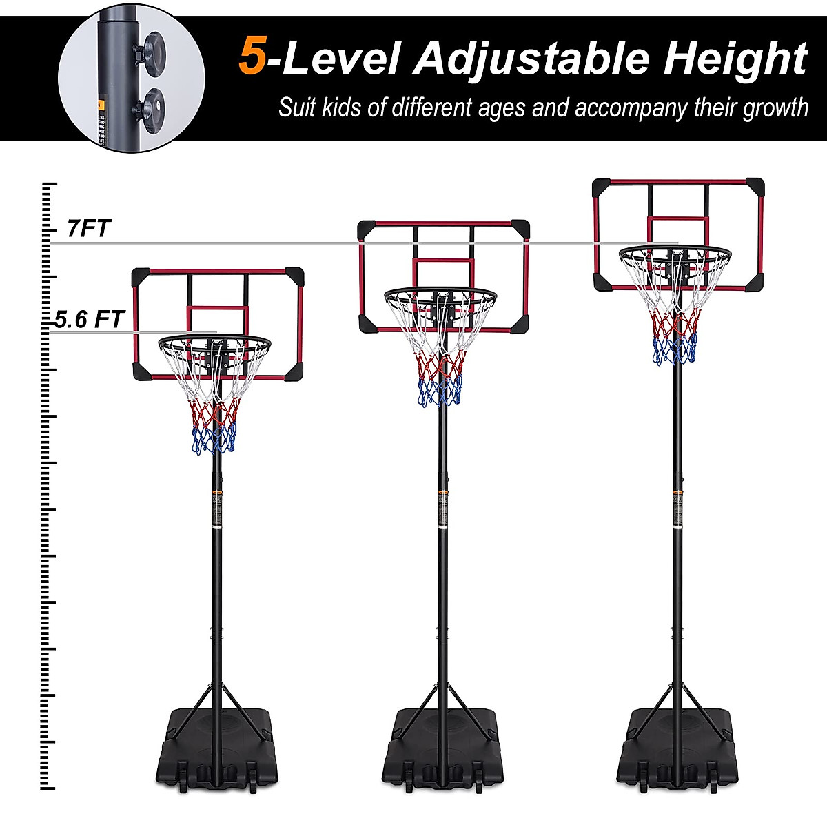 HooKung Portable Basketball Hoops Height Adjustable 5.6ft -7ft Basketball System 28 Inch Backboard with Wheels for Teenagers Youth Indoor Outdoor Use, red