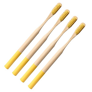 EXCEART Wooden Manual Toothbrushes 4pcs Organic Bamboo Toothbrushes Bamboo Cotton Buds Natural Wooden Charcoal Toothbrush Bristle for (Yellow) Natural Charcoal Toothbrush