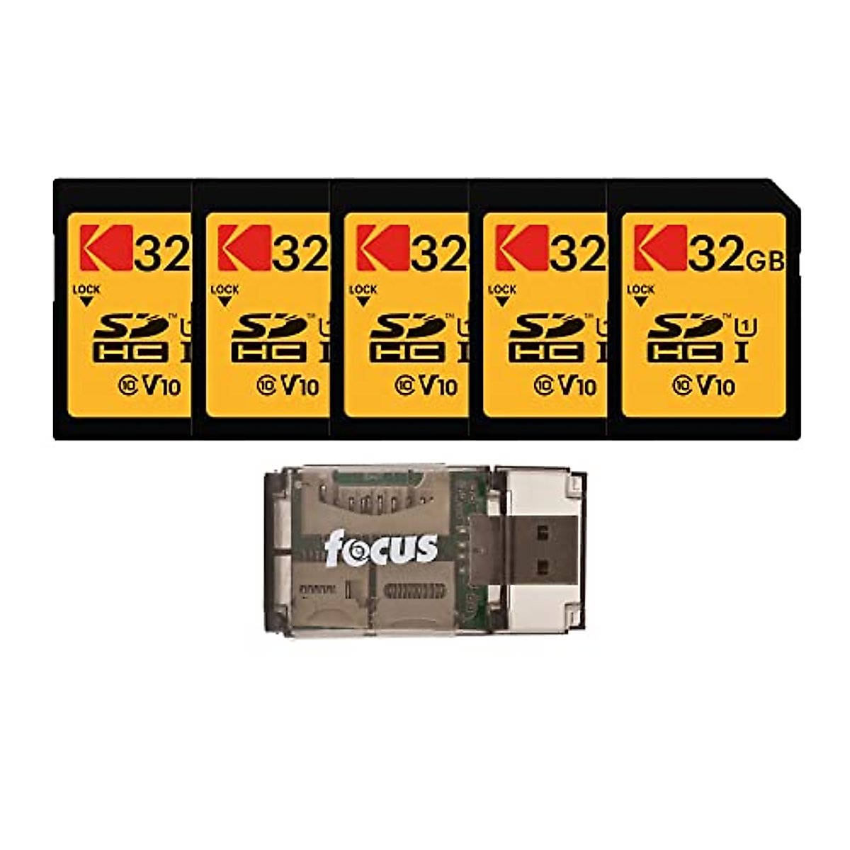 Kodak 32GB Class 10 UHS-I U1 SDHC Memory Card (5-Pack) Bundle with All-in-One USB Card Reader (6 Items)