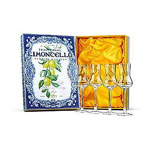 Crystal Limoncello Cordial Glasses | Set of 4 | Tall 3.3 oz Long Stemmed Spirit Glassware for Sipping Aromatic Liquor, After Dinner Drink, Aperitif, Digestive | Elegant Tulip Shaped Stemware
