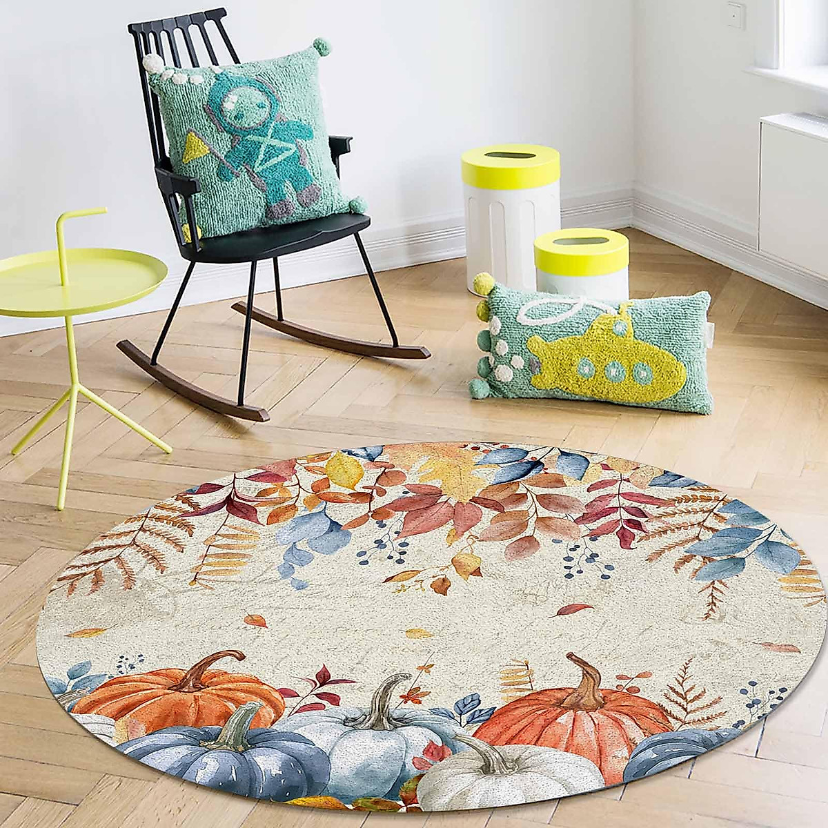 Blue Orange Thanksgiving Fall Round Area Rugs Collection 5', Non Slip Indoor Circular Throw Runner Rug Floor Mat Carpet for Living Room Dining Table Bedroom Nursery Maple Leaf Pumpkins Rustic