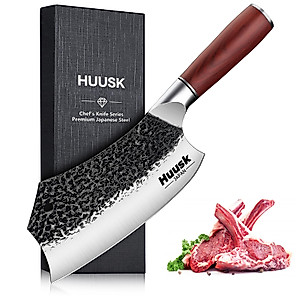 Huusk Cleaver Knife, 7 Inch Meat Cleaver Heavy Duty, Hand Forged Chopper knife, High Carbon Steel with Wood Handle, Japanese Cleaver for Cutting Meat and Vagetable, Gift for Men Women