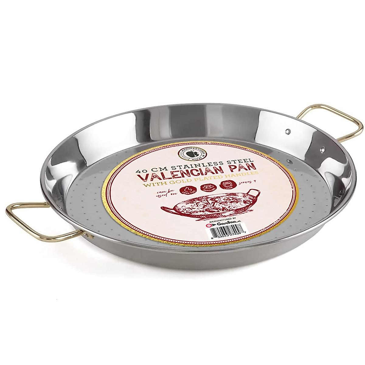 Gourmanity 16 inch Stainless Steel Flat Paella Pan, 40cm Large Stainless Steel Frying Pan Imported from Spain, Dishwasher and Oven Safe, Paellera with Gold Plated Handles, 9 Servings, Made by Garcima