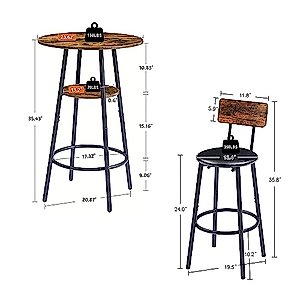 Tensun Bistro Table and Chairs Set of 2, Pub High Top Round Table and Chairs Set with Upholstered Cushion, Storage Shelf and Backrest, 3-Piece Bar Stool Set for Breakfast Nook, Rustic Brown