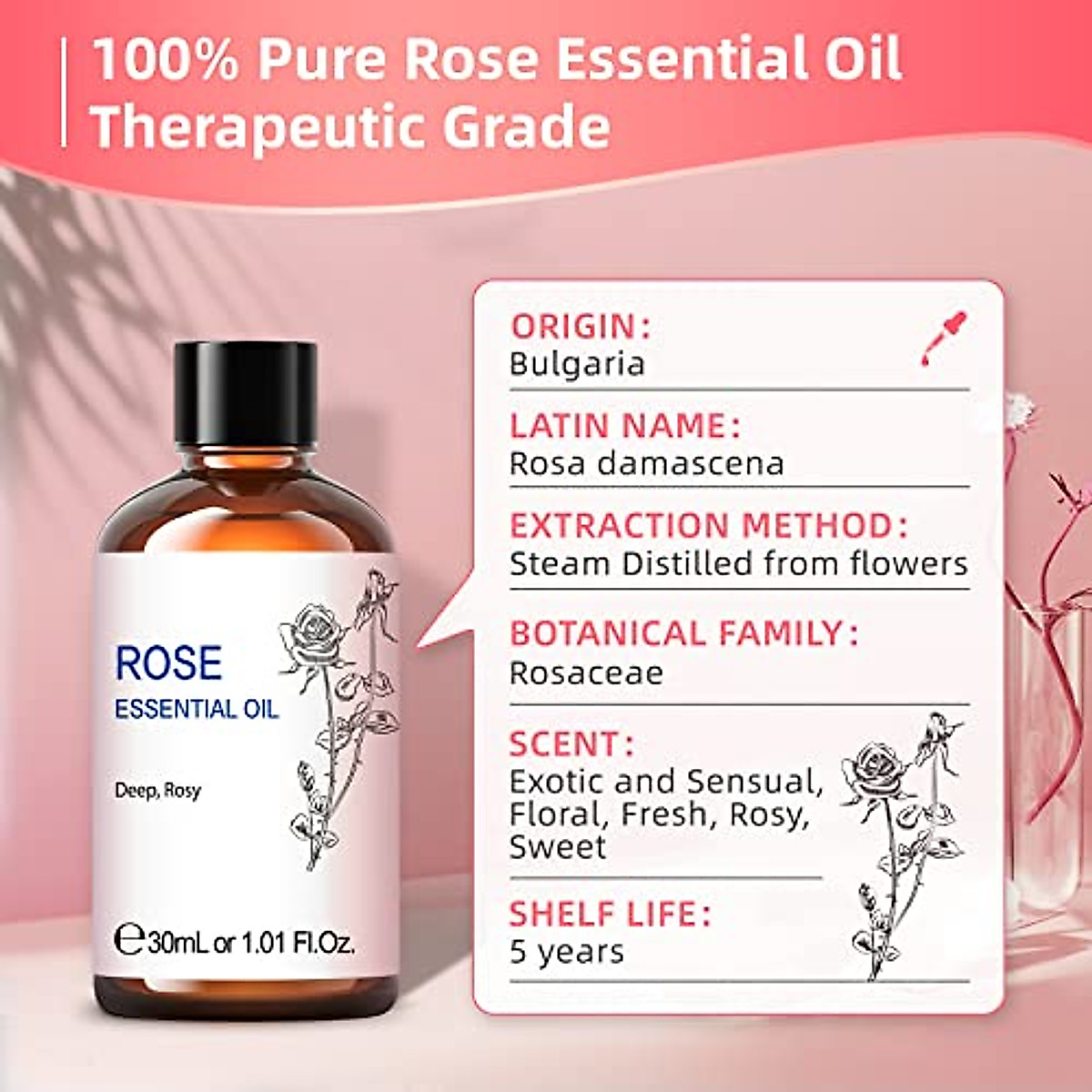 HIQILI Rose Essential Oil for Diffuser, Skin, Hair, Perfume, Candle Making 30ml (1 fl oz)