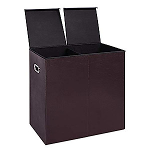 Internet's Best Double Faux Leather Laundry Hamper with Lid - Double Load - Foldable Hamper Basket - Removable Lid - Brown