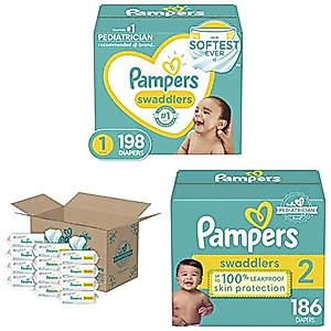 Pampers Baby Diapers and Wipes Starter Kit, Swaddlers Disposable Baby Diapers Sizes 1 (198 Count) & (186 Count) with Sensitive Water-Based Baby Wipes, 12 Pop-Top and Refill Combo Packs, 864 Count