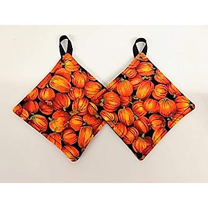 Potholder Set in a Fall Pumpkin Fabric Print by Sewuseful Studios LLC