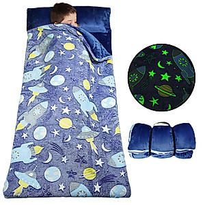 Kids Sleeping Bags, Glow in The Dark Slumber Bag for Kids, Toddler Nap Mat with Pillow and Blanket for Sleepover, Daycare, Preschool (62" x 28") (Space Explore)