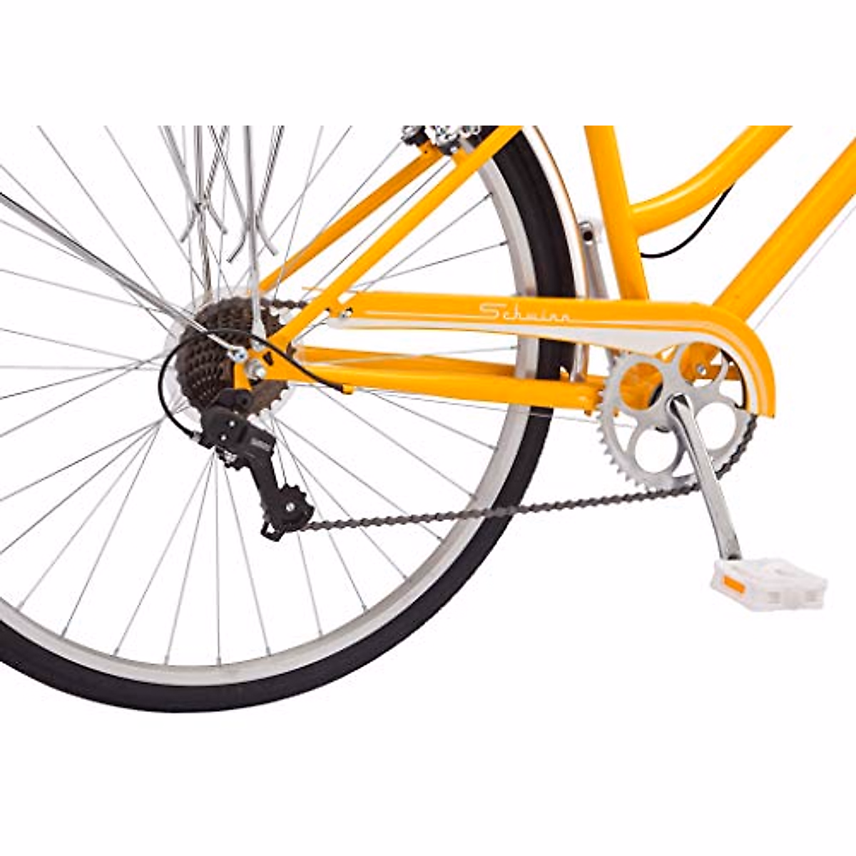 Schwinn Wayfarer Adult Hybrid Bike, Mens and Womens, 16-Inch/Small Steel Step-Through Frame, 7-Speed Drivetrain, Rear Rack, 28-Inch Wheels, Yellow