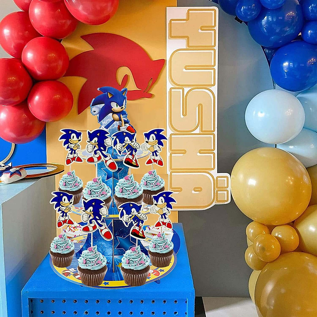 Hedgehog Themed Cupcake Stand 3 Tier, Blue Hedgehog Cake Stand for Boy Kids Birthday Party, Baby Shower, Gender Reveal Party, The Hedgehog Themed Boys Party Supplies