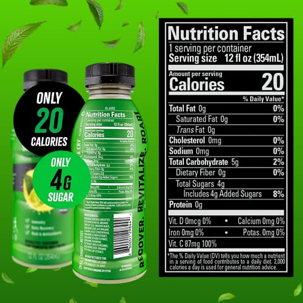 Organic Golden Tiger Turmeric Lemonade with Green Tea - Bio Active Curcumin + Green Tea + Ginger - 12 Bottles - Recover with Plant Based Power - 20 Calories