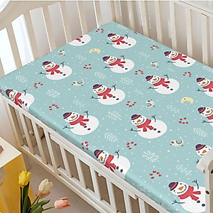 Snowman Themed Fitted Crib Sheet,Standard Crib Mattress Fitted Sheet Soft and Breathable Bed Sheets -Baby Crib Sheets for Girl or Boy,28“ x52“,Pale Blue Grey and Multicolor