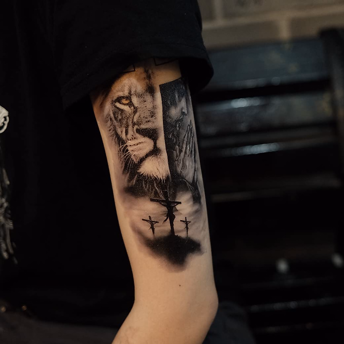 Oottati 2 Sheets Realistic Animal Temporary Tattoos Stickers Forest Lion Jesus Cross Old School Designs For Men Waterproof Arm Leg Fake Body Art, Gym & Parties Bold Masculine Decals