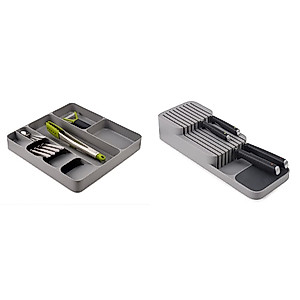 Joseph Joseph DrawerStore Kitchen Drawer Organizer Tray for Cutlery Utensils and Gadgets, Gray, 15.6 x 15.1 x 2.1 Inches & 85120 DrawerStore Kitchen Drawer Organizer Tray for Knives Knife Block, Gray