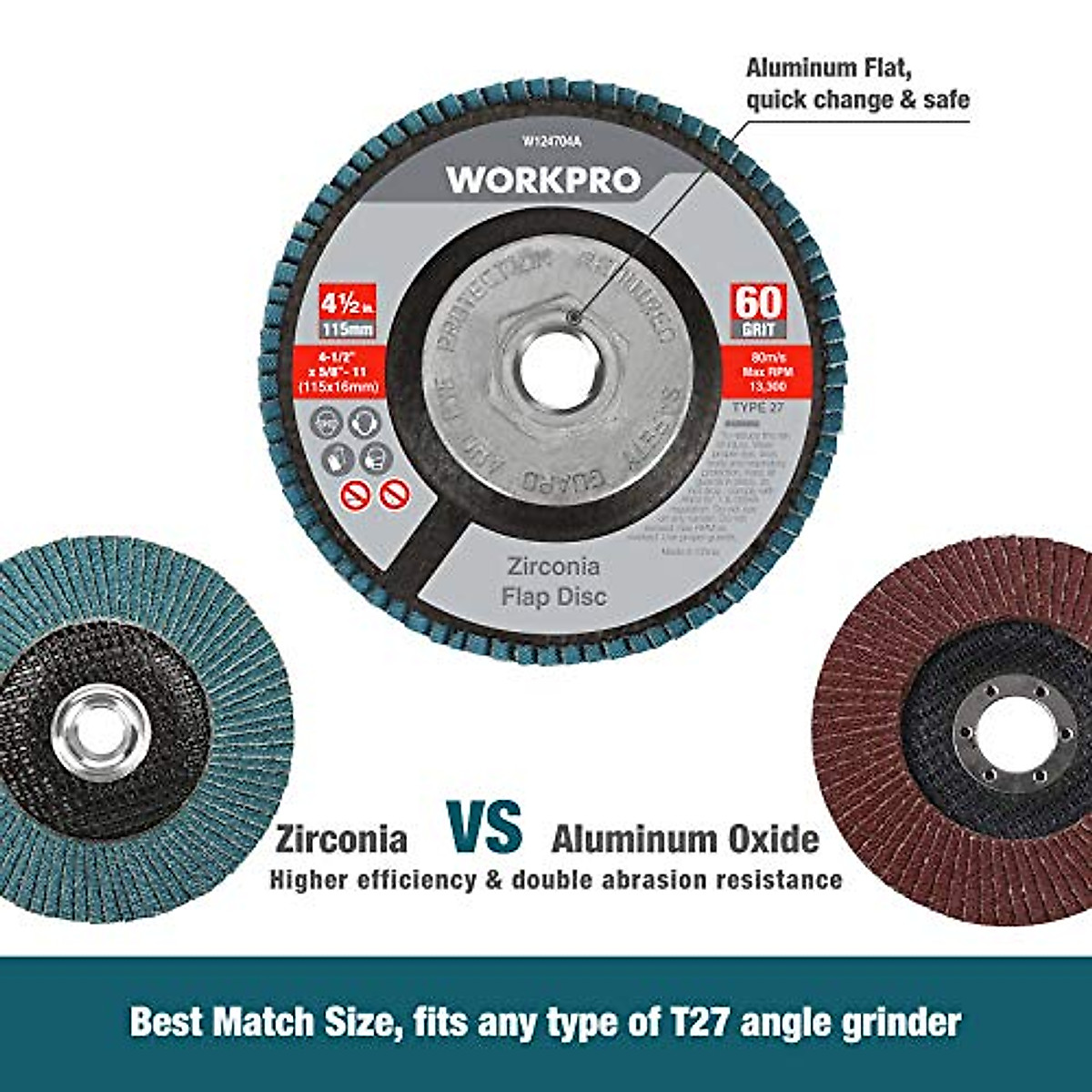 WORKPRO 5 Pack Zirconia Flap Disc, 60 Grit, Angle Grinder Sanding Disc, 4-1/2 inch Grinding Wheels, Flap Wheel Type#27 for Metal Grinding, Blending and Smooth Finishing
