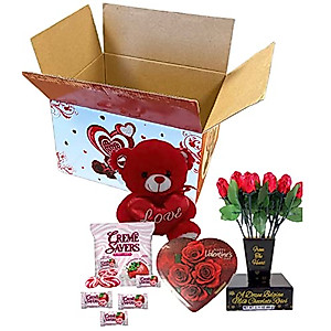 VALENTINE GIFT BASKET SET |10" Teddy Bear Plush (White or Red), Dozen Belgian Milk Chocolate Roses Bouquet, Creme Savers Strawberry and Creme Hard Candy, Elmer Chocolate Rose Flowers Heart Shaped, & Beautiful Custom Valentine Box|