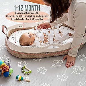 Baby Changing Basket Set - Diaper Caddy with Strap, Multi Handle Handmade Boho Cotton Rope Basket with Portable Bag, Soft Fleece Blanket, Waterproof Pad, Milestone Markers - Table Topper Changing Pad