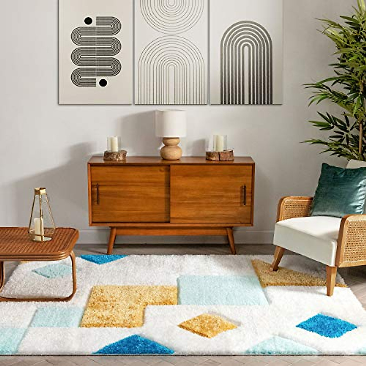 Well Woven San Francisco Teahupo Blue Modern Geometric 3D Textured Thick and Soft Shag 5'3" x 7'3" Area Rug