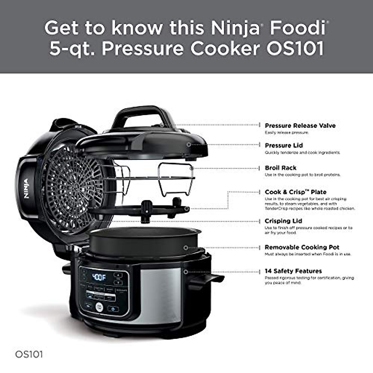 Ninja OS101 Foodi 9-in-1 Pressure Cooker and Air Fryer with Nesting Broil Rack, 5-Quart Capacity, and a Stainless Steel Finish (Renewed)
