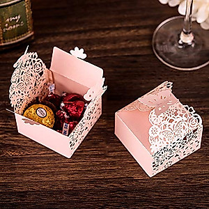 KAZIPA 50pcs Laser Cut Favor Boxes, 2.6" x 2.6" x 1.6" Floral Favor Boxes, Party Favor Boxes for Bridal Shower Anniverary Wedding Party Favor, Pink