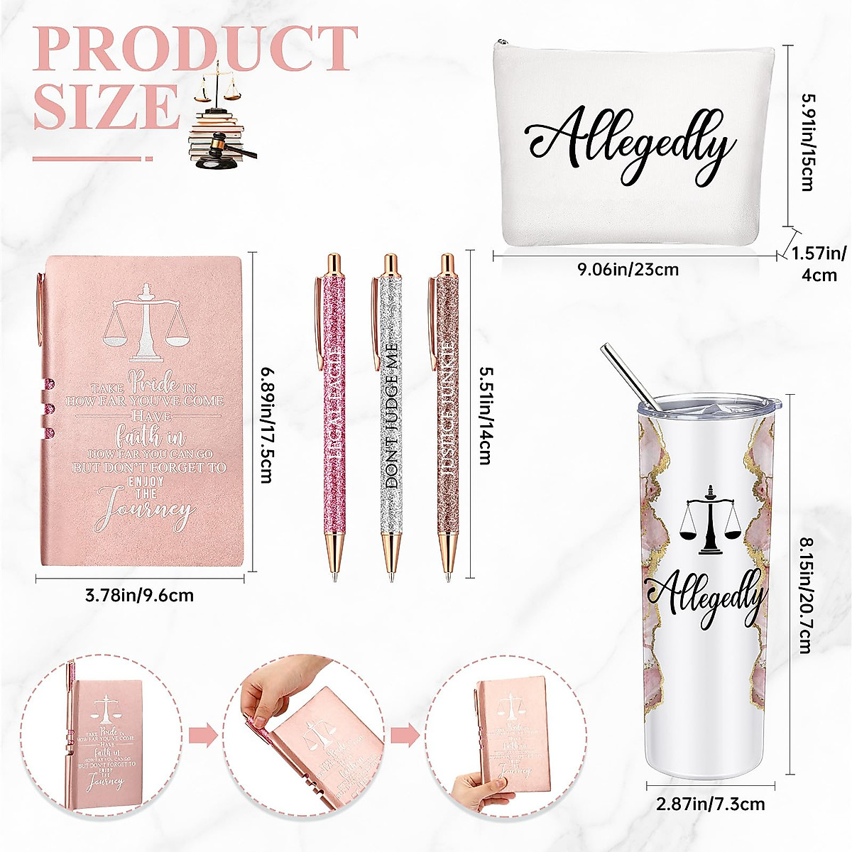 Domensi 6 Pcs Funny Allegedly Lawyer Gifts Judge Gift Lawyer Appreciation Day Gift 20 oz Marble Sign Tumbler Makeup Bag Notepad Ballpoints for Law Paralegal School College Teacher(Pink)