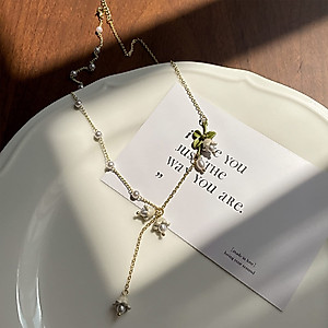 Lily of the Valley Necklace May Birth Flower Jewelry Green Paint Leaves and Freshwater Pearl Lily Necklace Gift for Women Mom Friends Bride Weding Spring Summer