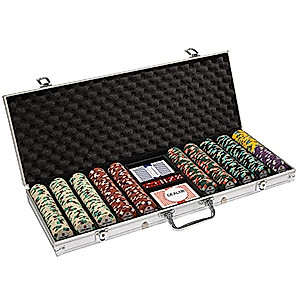 MBGBrybelly Showdown Poker Chip Set Aluminum Carry Case - Casino Clay Composite 13-Gram Quality Poker Chips - with Dice, Playing Cards - Heavy-Duty Protection - Locking Portable Case (500 ct.)