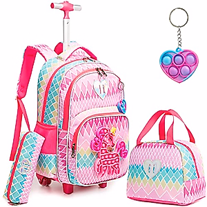 Meetbelify Cute Unicorn Rolling Backpack for Girls Backpacks with Wheels for Elementary Kids Pink Suitcase Set Travel Laptop Luggage for Girls Age 6-8