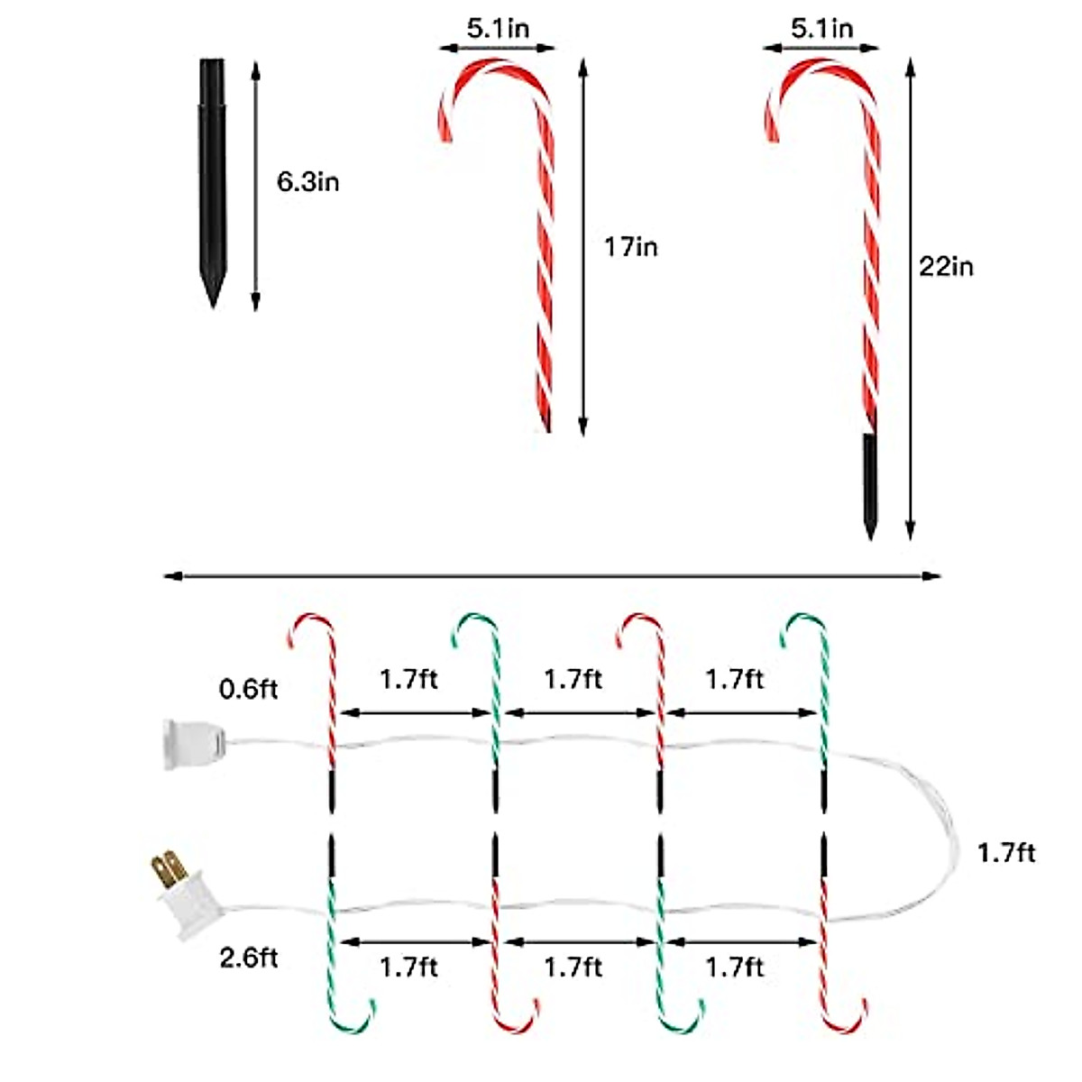 22" Christmas Candy Cane Pathway Markers Lights, Outdoor Christmas Decorations for Yard Patio Garden Walkway, Candy Cane Christmas Decor with Stake, 8 Pack, 4 Red & 4 Green