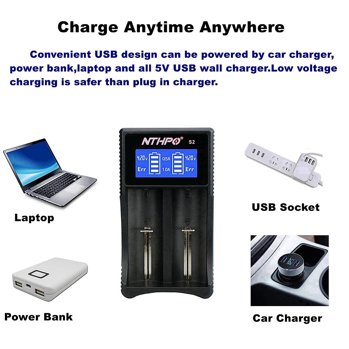 NTHPO Universal Battery Charger S2 LCD Display Smart Intelligent Charger for Rechargeable Li-ion Batteries 26650 22650 18650 18490 18350 17670 17500 16340(RCR123) 14500 10440 Ni-MH Ni-CD AA AAA