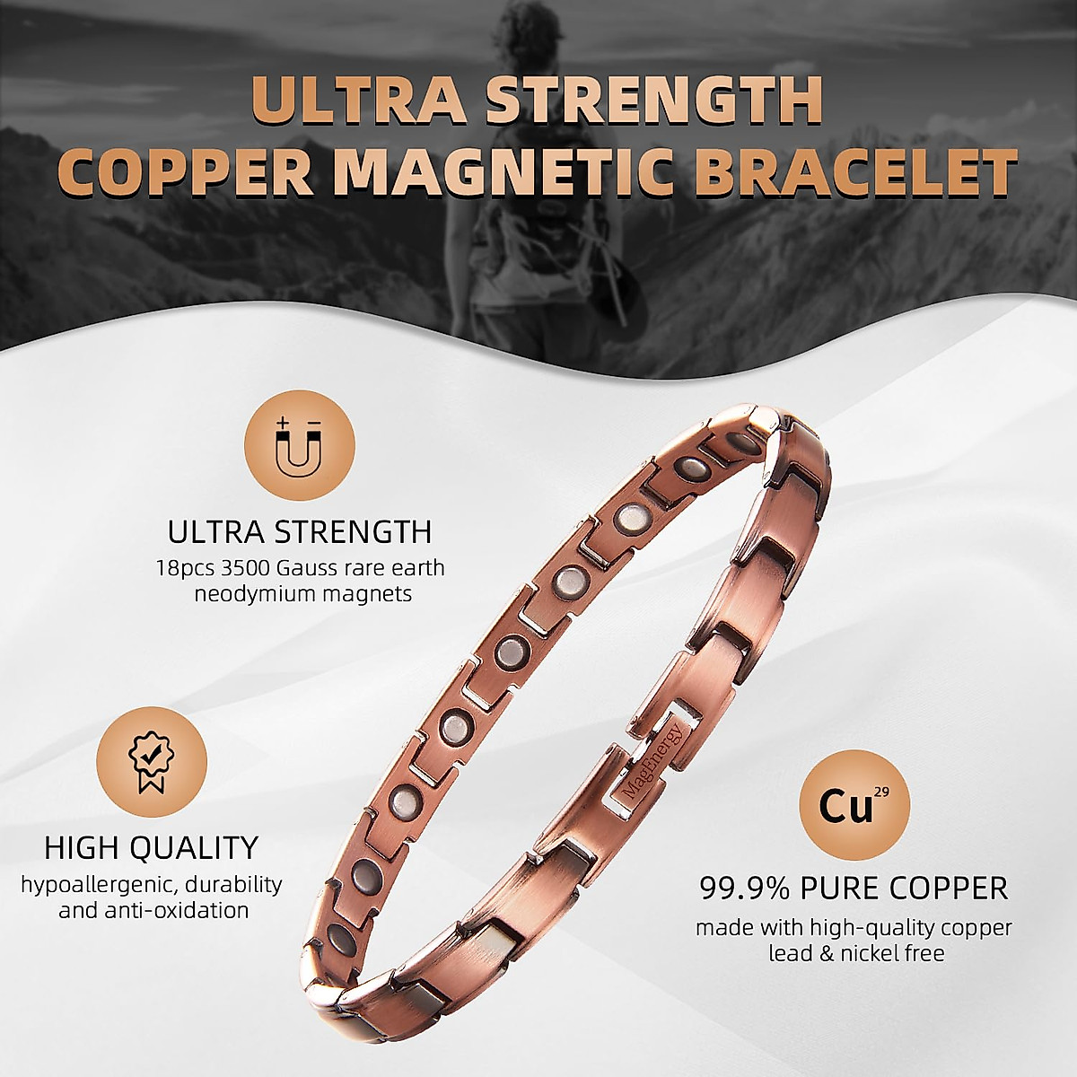MagEnergy Copper Bracelets for Women 99.9% Pure Copper Magnetic Link Bracelet, 8.5 inches Adjustable Bracelet Jewelry Box with Sizing Tool(Plain Style)