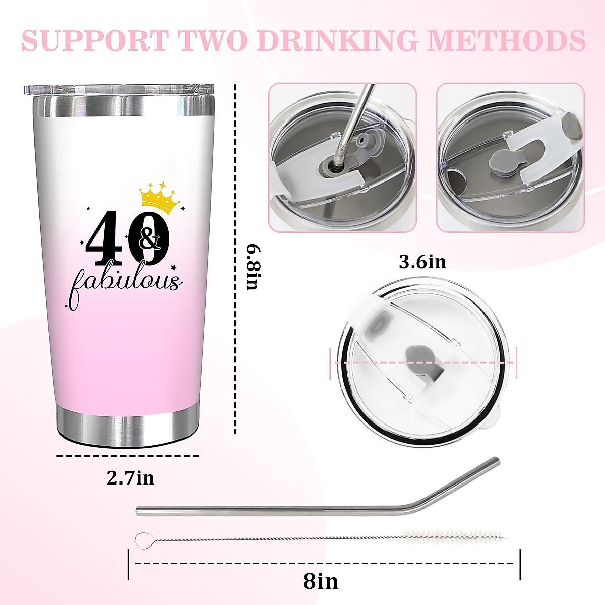 40th 1985 Birthday Gifts for Women, 40 Year Old Birthday Cups Gifts for Her, 40th Birthday Decorations for Woman, Cool 40 Gift for Women Turning 40, 40 and Fabulous 20 OZ Stainless Steel Tumbler