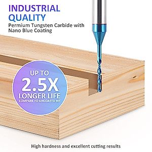 HQMaster Spiral Router Bits 1/4 inch Shank 1/16“ Cutting Diameter Solid Carbide Nano Blue Coated Spiral CNC Bits End Mill for Wood Cut Carving Engraver (1/16" Downcut)