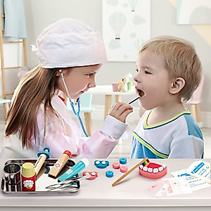 Juboury Doctor Kit for Kids 34Pcs Toy Medical Kit with Stain Steel Stethoscope, Flashlight, Tray, Iodine Cup, Wooden Accessories, Dress Up Costume and Doctor Bag for Kids, Girls, Boys, Toddlers