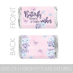 Butterfly Girl Baby Shower Mini Chocolate Candy Bar Wrappers, A Little Butterfly is on Her Way, It's a Girl Pink and Purple Party Favor Stickers - 45 Labels