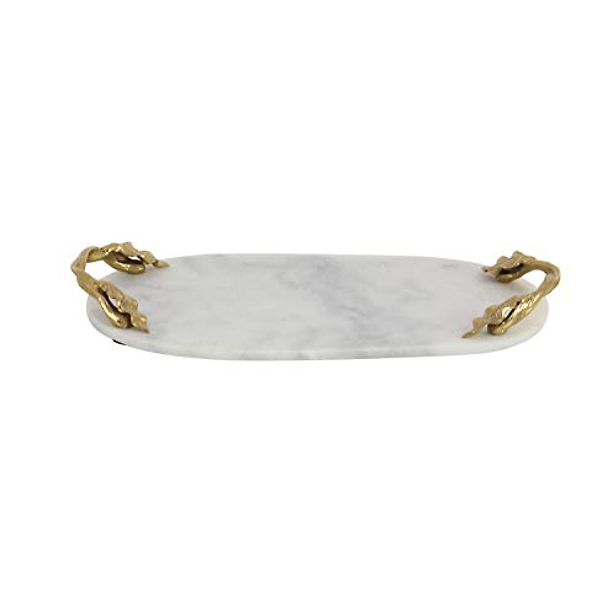 Deco 79 Marble Oval Tray with Gold Twisted Leaf Handles, 20" x 10" x 2", White